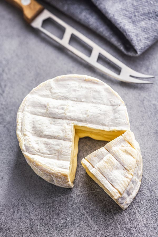Brie Type Cheese with White Mold. French Camembert Cheese on Kitchen ...