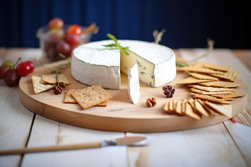 Brie Wheel Next To Rye Crackers on a Bamboo Board Stock Photo - Image ...