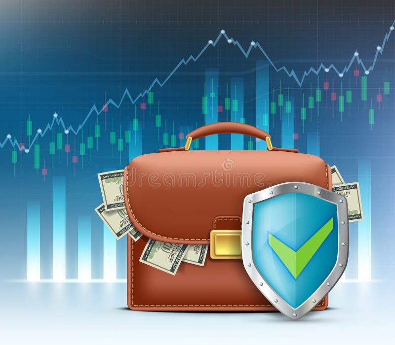 Briefcase with Paper Currency Dollars and Security Shield Stock Vector ...