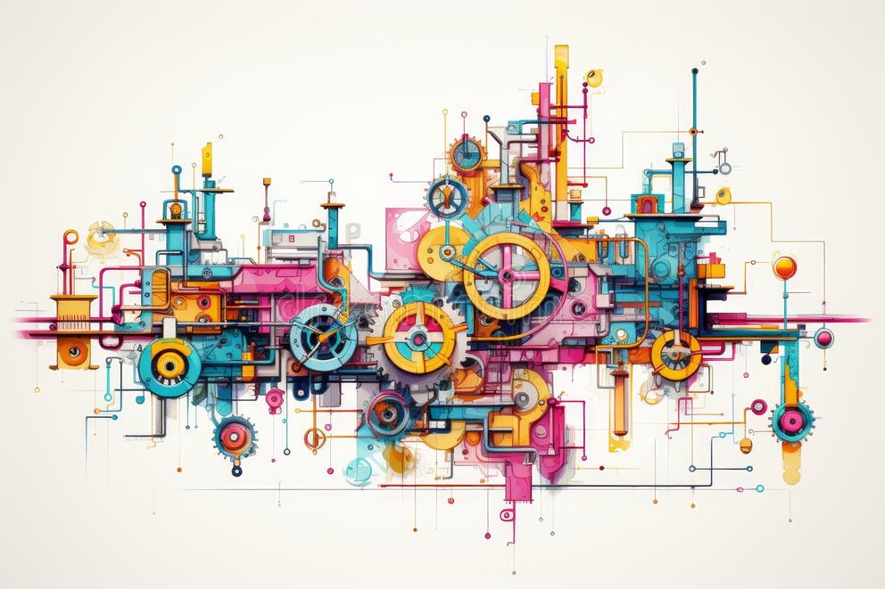 Bright Abstract Technical Drawing with Interconnected Cylinders and ...