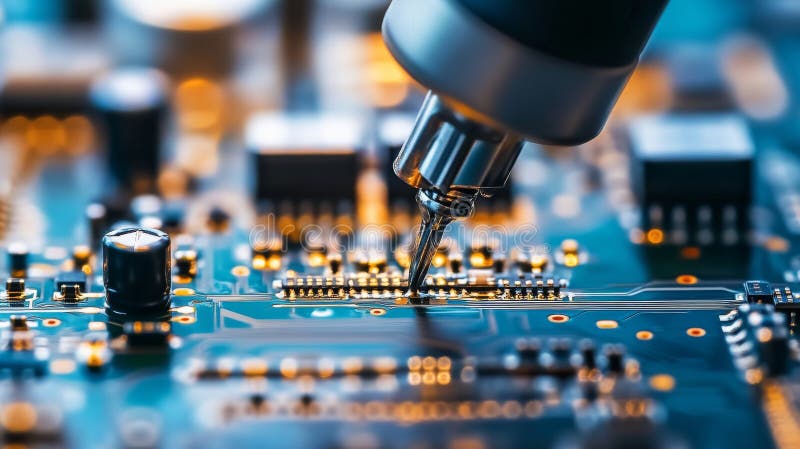On a Bright Afternoon, a Technician in a Workshop is Busy Soldering ...