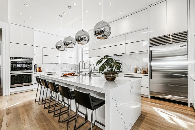 Bright and Airy All-white Kitchen with Reflective Surfaces, Bar Seating ...