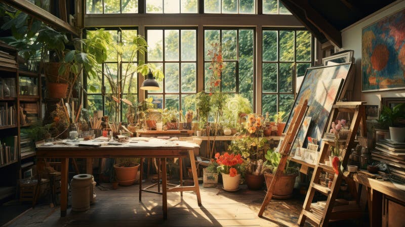 Bright and Airy Artist Studio with Large Windows. Generative AI Stock ...