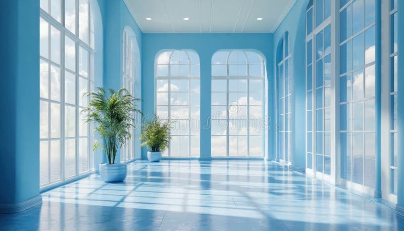 Bright and Airy Blue Interior with Large Windows and Potted Plants ...