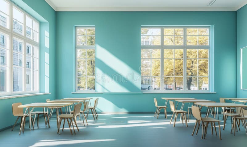 Bright and Airy Classroom with Large Windows and Modern Furniture Stock ...