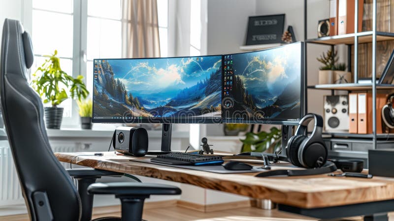 Bright and Airy Dual Screen Work Setup Stock Illustration ...