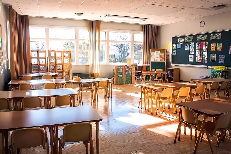 Bright and Airy Elementary School Classroom Ready for Students Sunlight ...