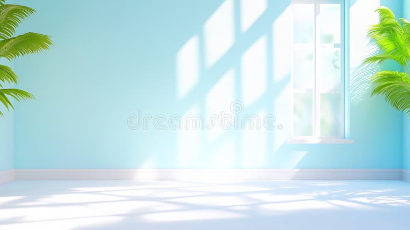Bright and Airy Empty Room with Light Blue Walls and Plants Stock ...