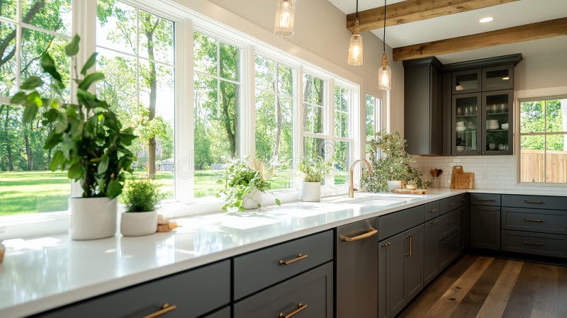 Bright and Airy Farmhouse Kitchen Featuring Large Windows, Greenery ...