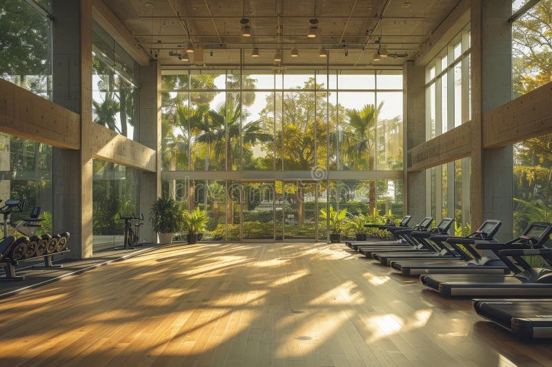 Bright Airy Gym with Large Windows and Sunlight Streaming in Stock ...