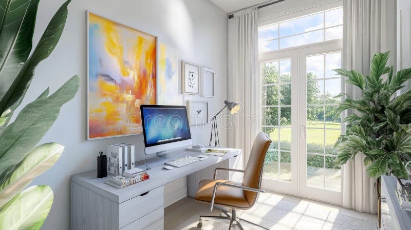 Bright and Airy Home Office Featuring Chic Desk and Large Windows Stock ...