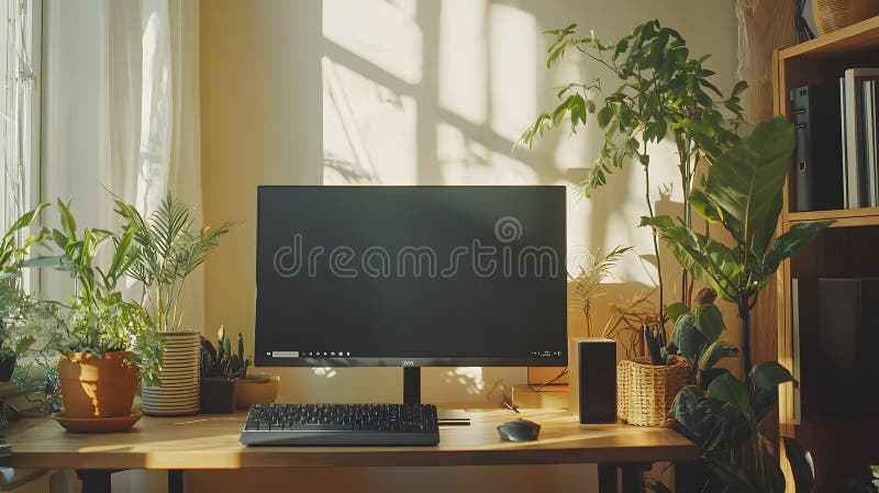 Sunlit Home Office Workspace with Plants Computer Keyboard and Mouse AI ...