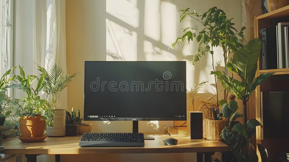 Sunlit Home Office Workspace with Plants Computer Keyboard and Mouse AI ...