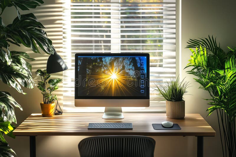 Bright and Airy Home Office with Sunlit Workspace Stock Illustration ...