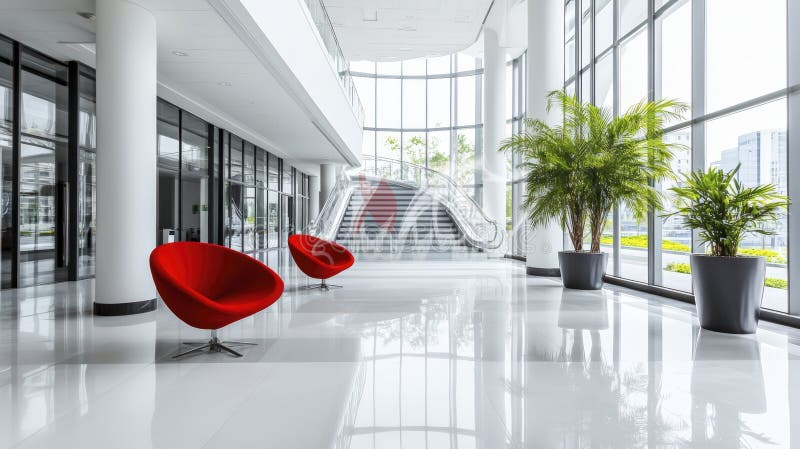 Modern Bank Lobby Interior with Red Seating Stock Illustration ...