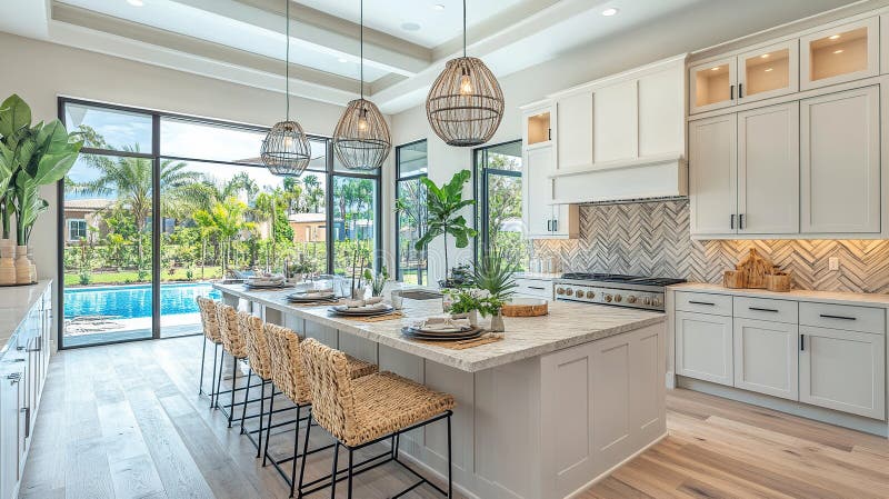 Bright, Airy Kitchen with Island, Pool View, and Modern Design Stock ...