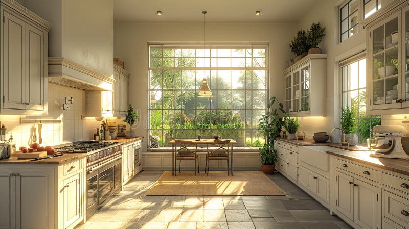 Bright and Airy Kitchen with a Large Window Overlooking a Garden Stock ...