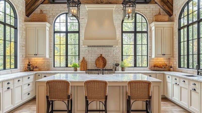 Bright, Airy Kitchen with Large Windows, Cream Cabinetry, and a Rustic ...