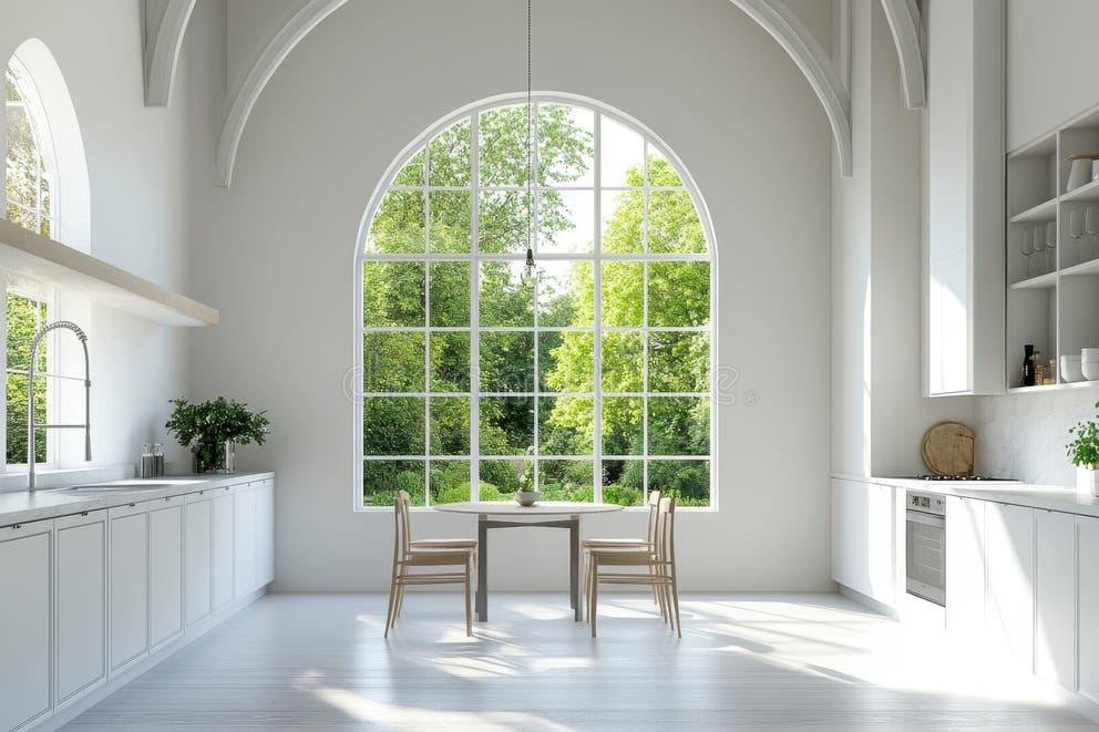 Bright, Airy Kitchen with Large Windows Overlooking Greenery, Featuring ...