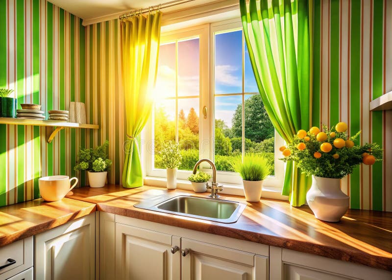 Bright and Airy Kitchen with Panoramic Green Striped Curtains a Sunny Days Delight Stock ...