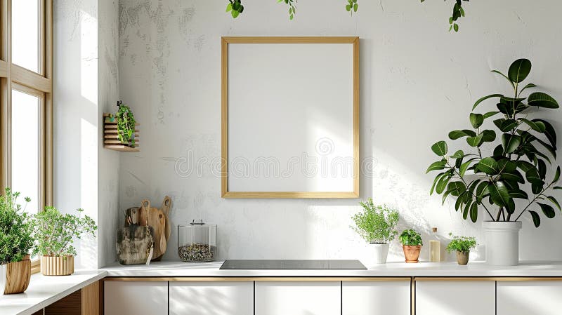 Bright and Airy Kitchen with Plants and a Blank Frame for Artwork Stock ...