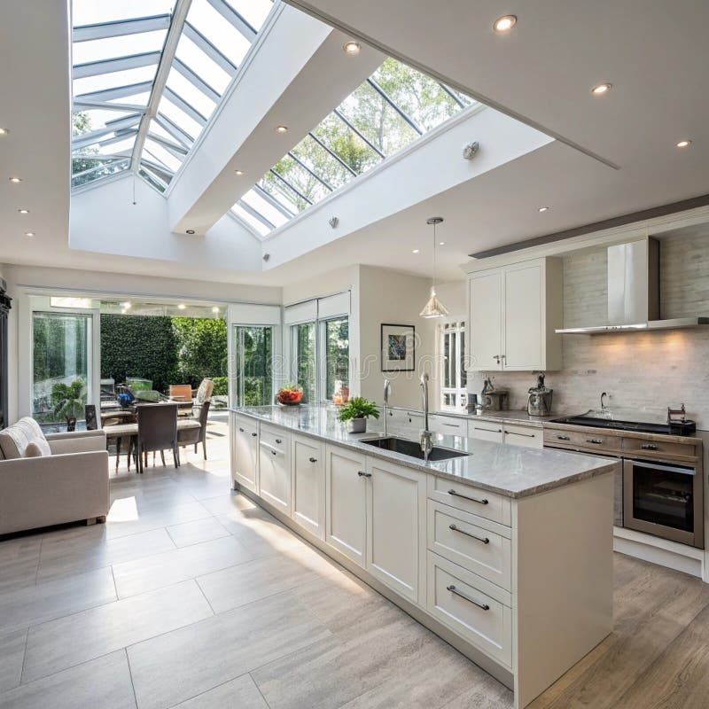 Bright and Airy Kitchen with Skylights and an Open Floor Plan Stock ...