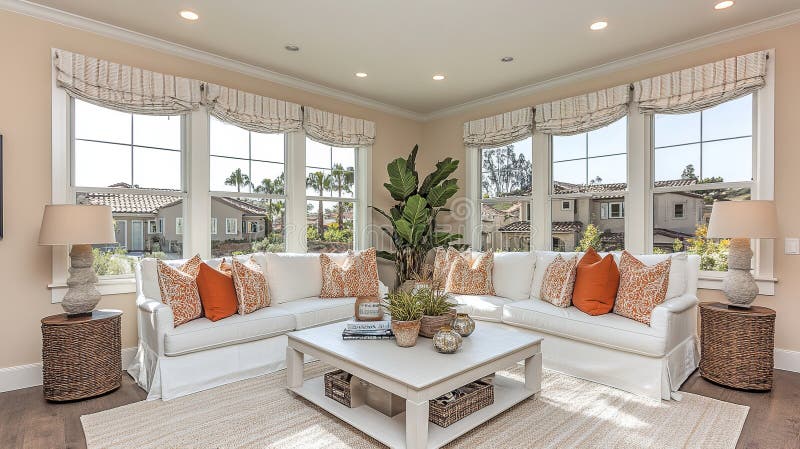 Bright, Airy Living Room with Large Windows Overlooking a Landscaped ...