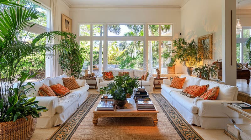 Bright and Airy Living Room with Plants and Comfortable Seating. Stock ...
