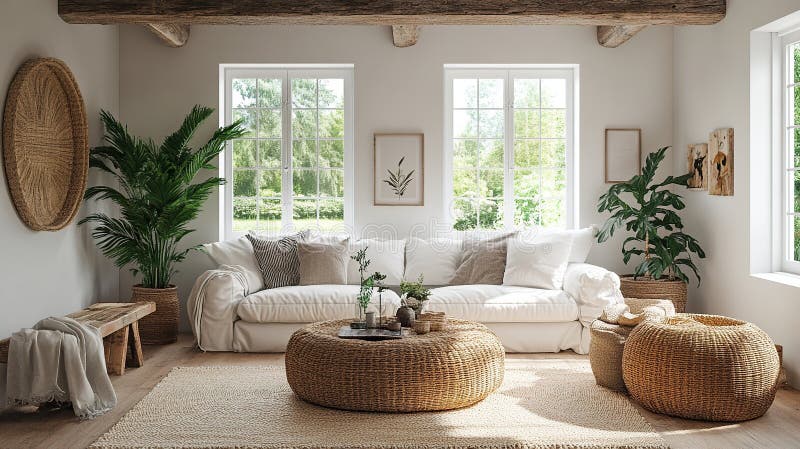 Bright, Airy Living Room with White Sofa, Natural Textures, and Large ...