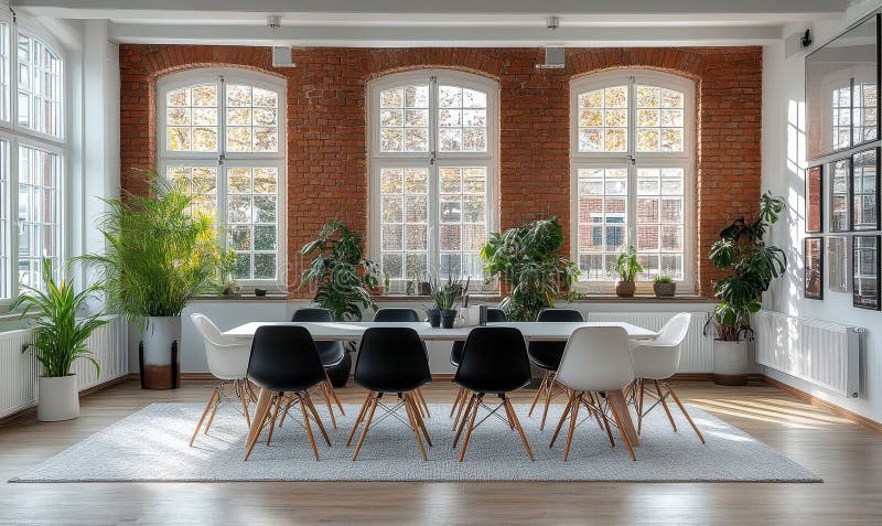 Spacious Industrial Loft Dining Area with Plants and Windows Stock ...