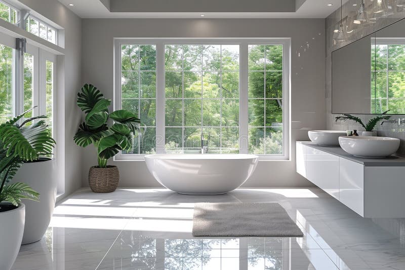 Bright and Airy Modern Bathroom with Large Windows and Lush Plant Decor ...