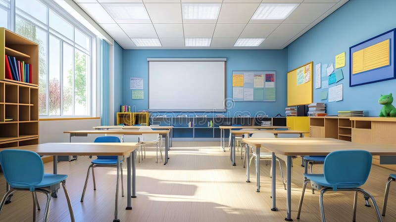 Bright and Airy Modern Classroom with Blue Walls and Wooden Desks Stock ...