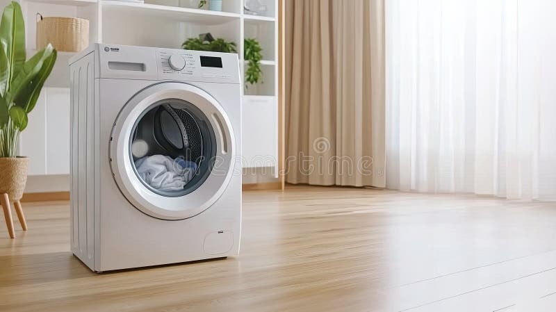 Bright and Airy Modern Laundry Room Featuring a White Washing Machine ...