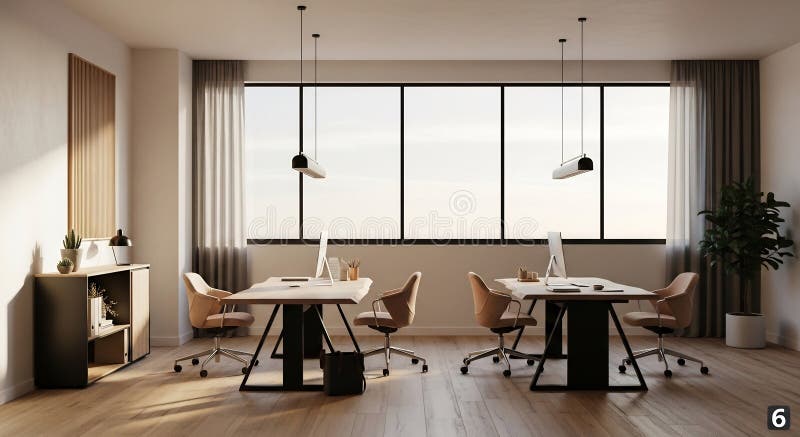 Modern Minimalist Office Space with Large Windows Stock Photo - Image ...
