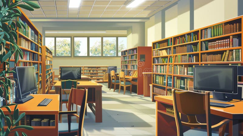 A Bright and Airy Student Library with Rows of Bookshelves Filled with ...