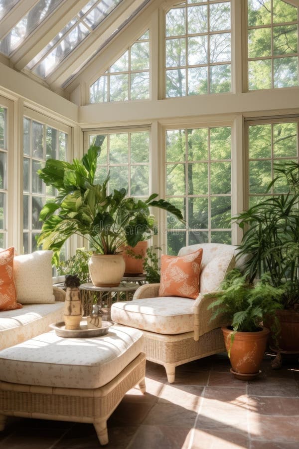 Bright and Airy Sunroom with Comfortable Seating and Greenery Stock ...