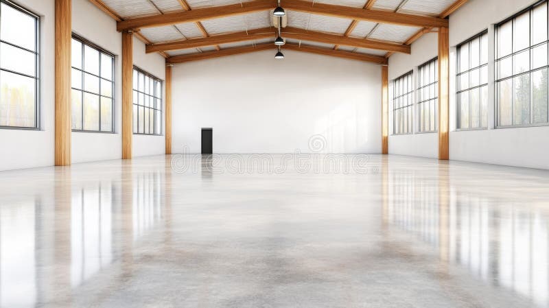 Spacious Warehouse Interior with Polished Concrete Floor and Large ...
