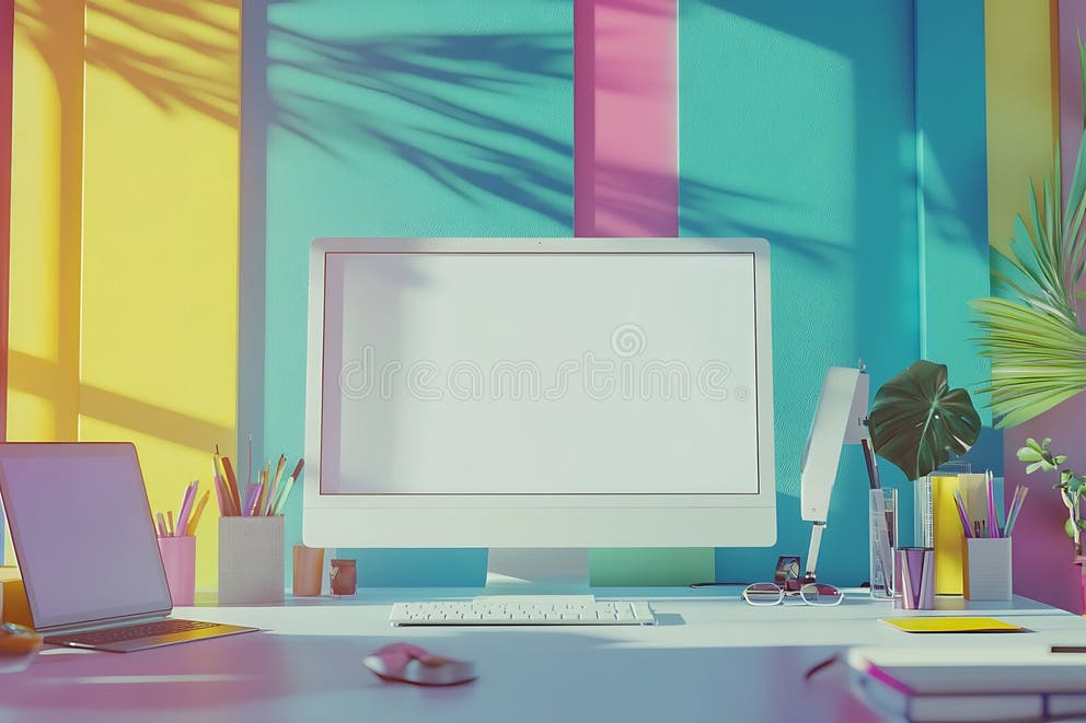 Modern Workspace Mockup Sunlit Desk with Computer, Tablet & Colorful ...