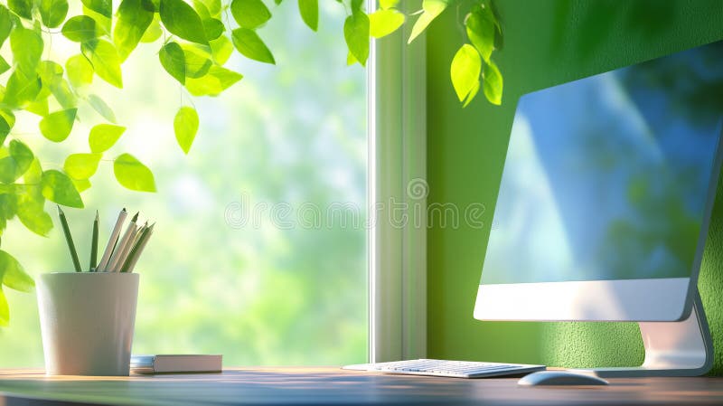 Bright and Airy Workspace with Greenery and a Computer Setup Stock ...
