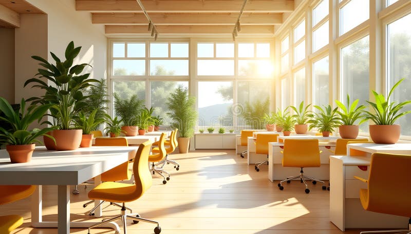 Bright and Airy Workspace with Plants and Sunlight Stock Illustration ...