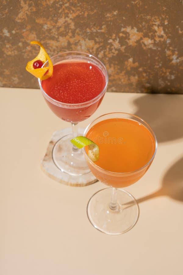 Bright Alcoholic Cocktails in Steamed Glasses Top View Stock Photo ...