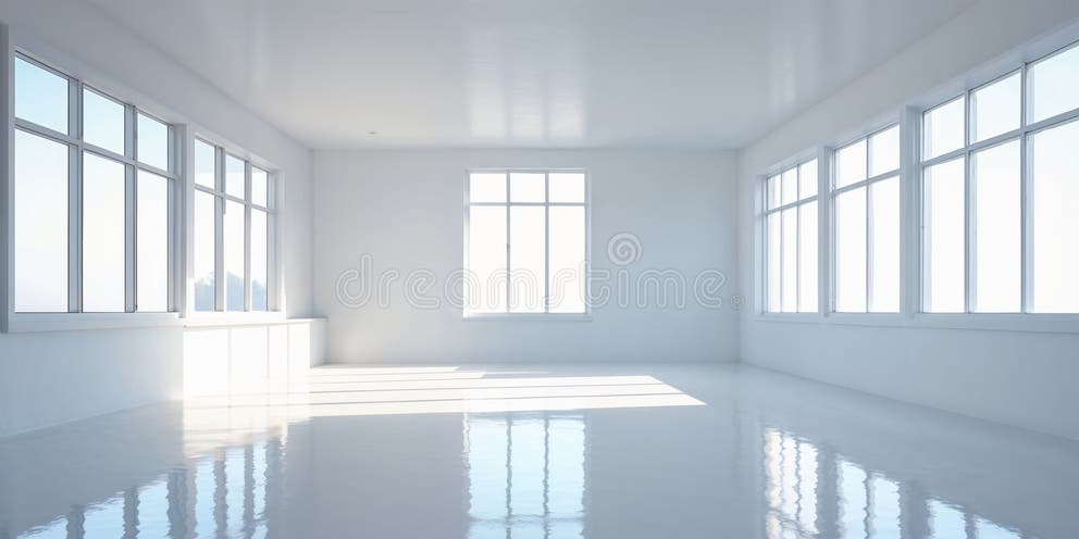 Bright All White Room with Large Windows and Sunlight Shining on the ...