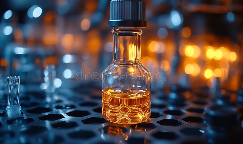 Bright Amber Liquid in a Glass Vial on a Laboratory Table Setting Stock ...