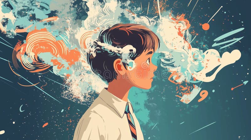 A Bright Animated Picture of a Schoolboy with Airy Thoughts Flying ...