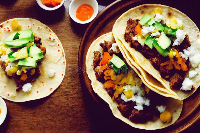 Bright Appetizing Snacks in Form of Tacos Mexican with Different ...