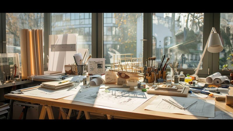 Bright Architect S Workspace with Blueprints, Models, and Tools on a ...