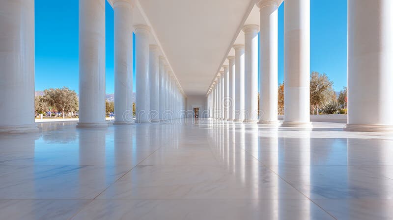 Architectural Columns Reflecting Sunlight in a Bright Hallway with Blue ...