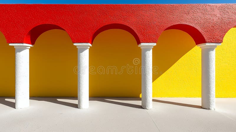 Architectural Red Archway Structure with White Columns and Yellow Wall ...