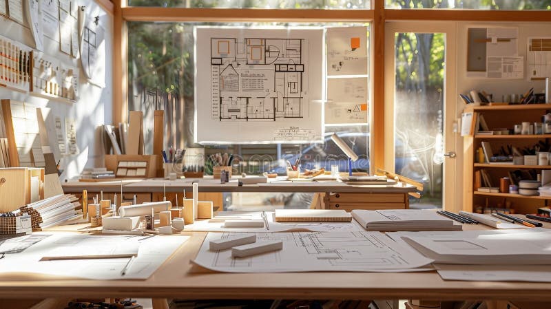 Bright Architectural Workspace with Blueprints and Models on a Sunlit ...
