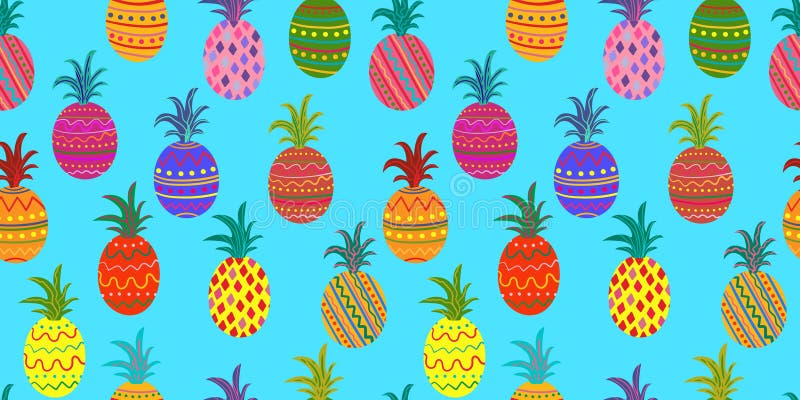 Bright Art Blue Tropical Seamless Pineapple Pattern Abstract Summer Painted Background Exotic ...